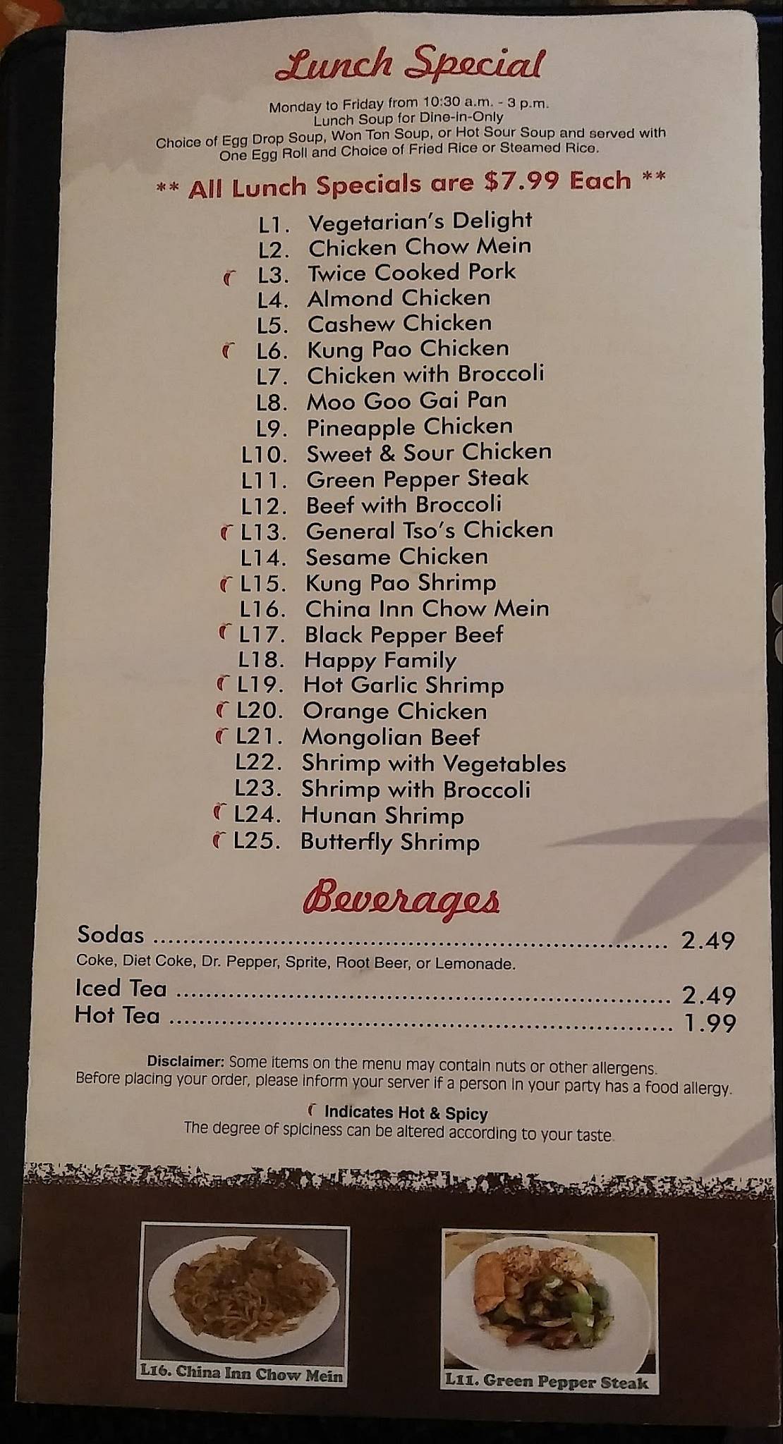 Menu at Sam's China Inn restaurant, Groves