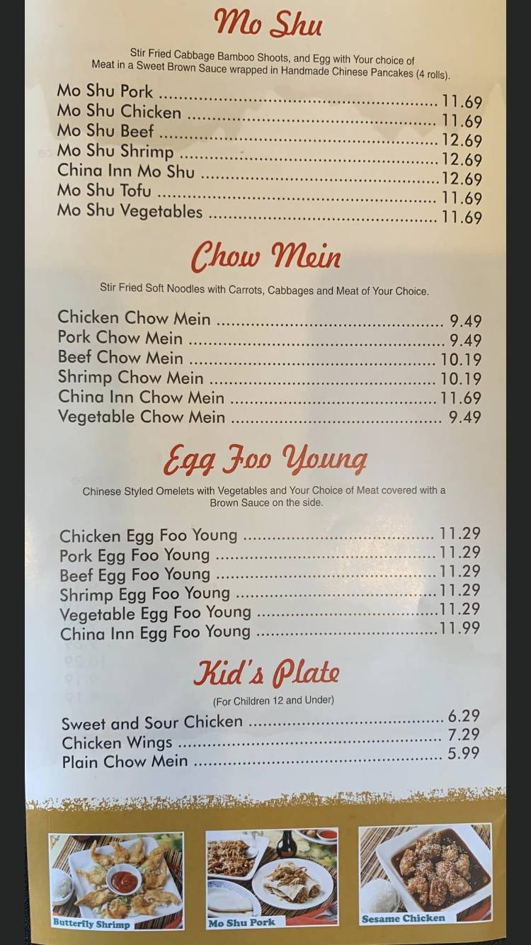Menu at Sam's China Inn restaurant, Groves