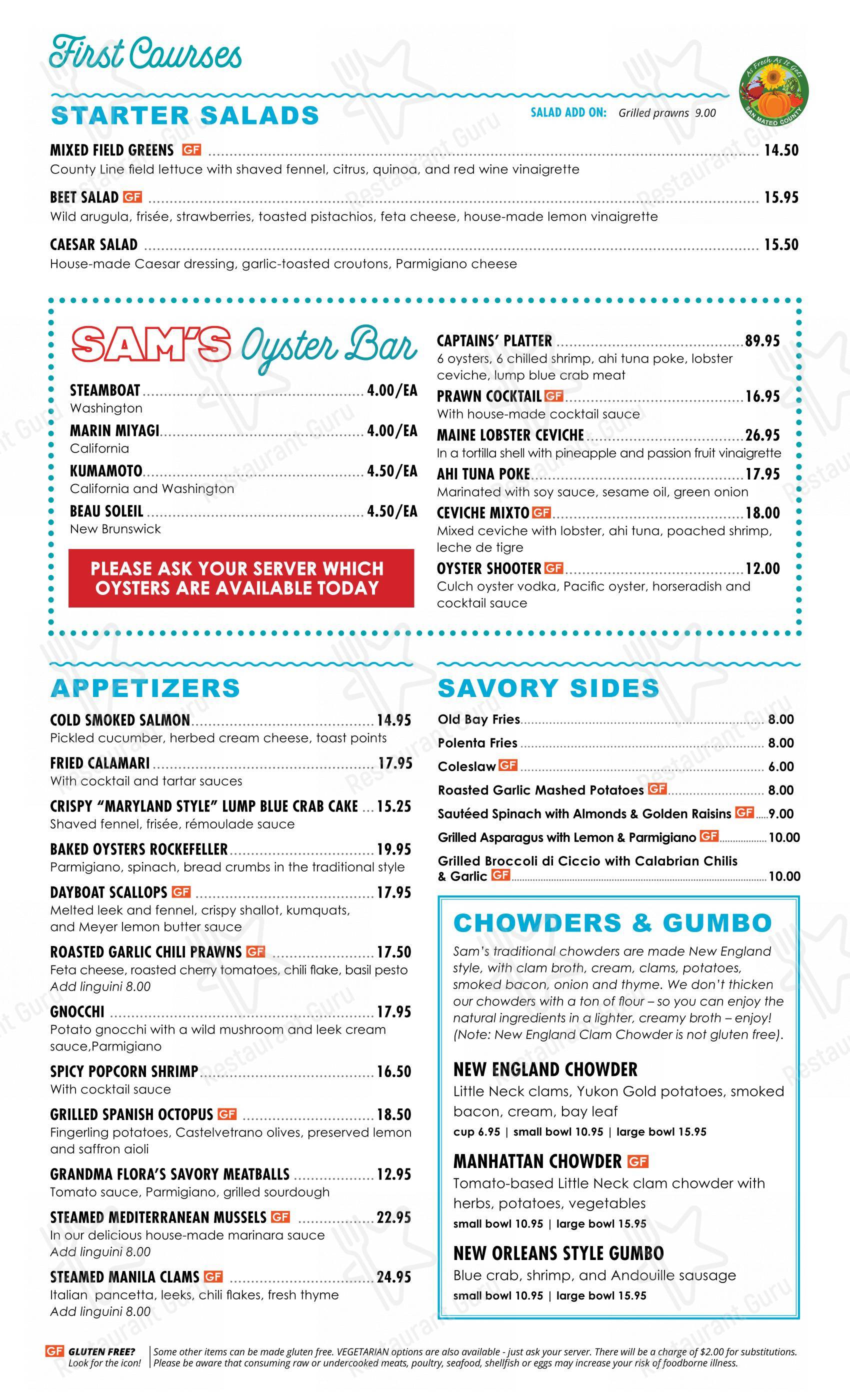 Menu at Sam's Chowder House restaurant, Half Moon Bay