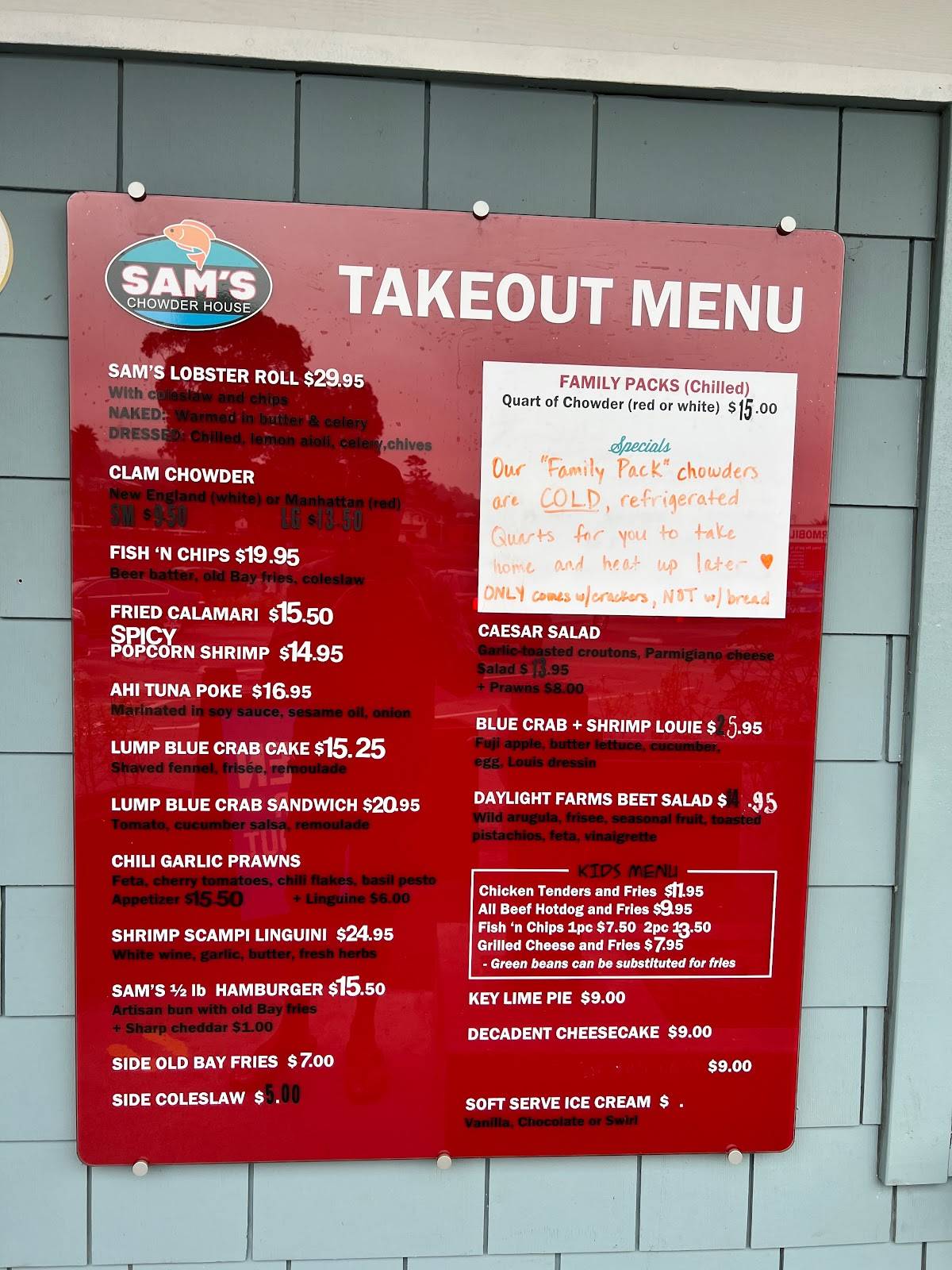 Menu at Sam's Chowder House restaurant, Half Moon Bay