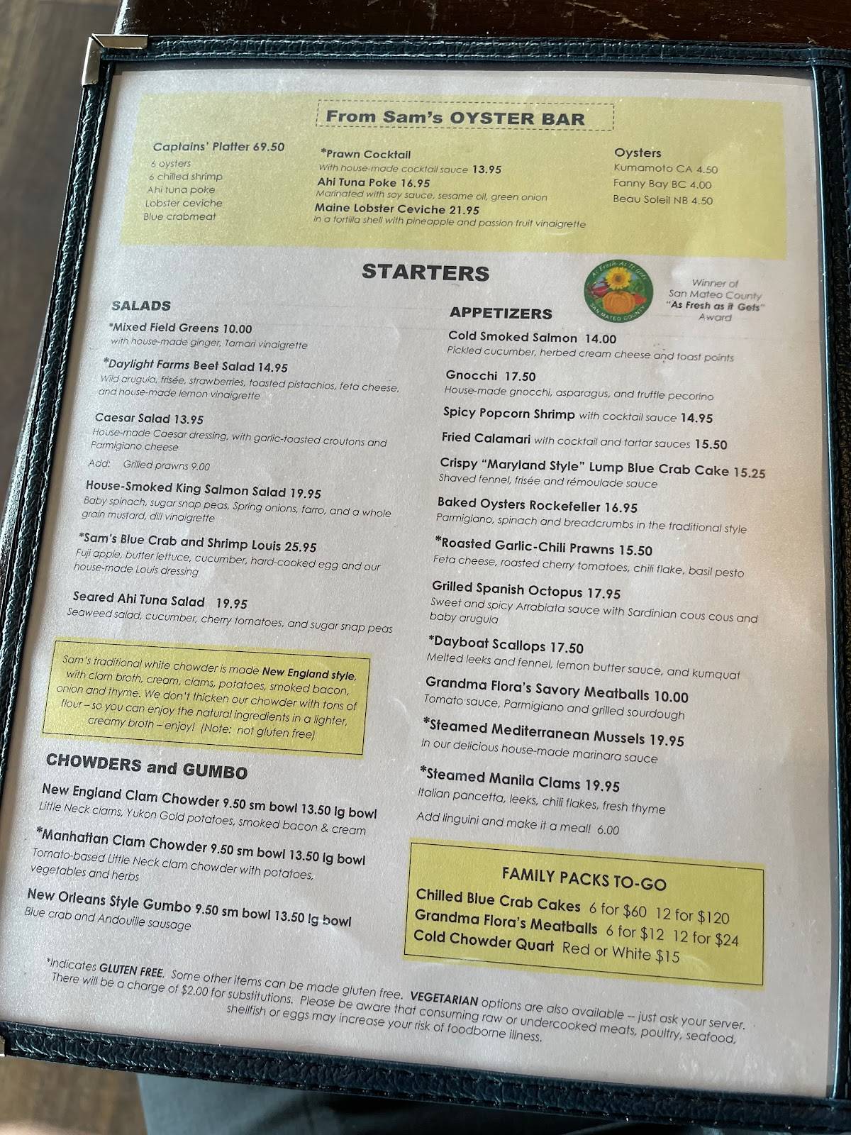 Menu at Sam's Chowder House restaurant, Half Moon Bay