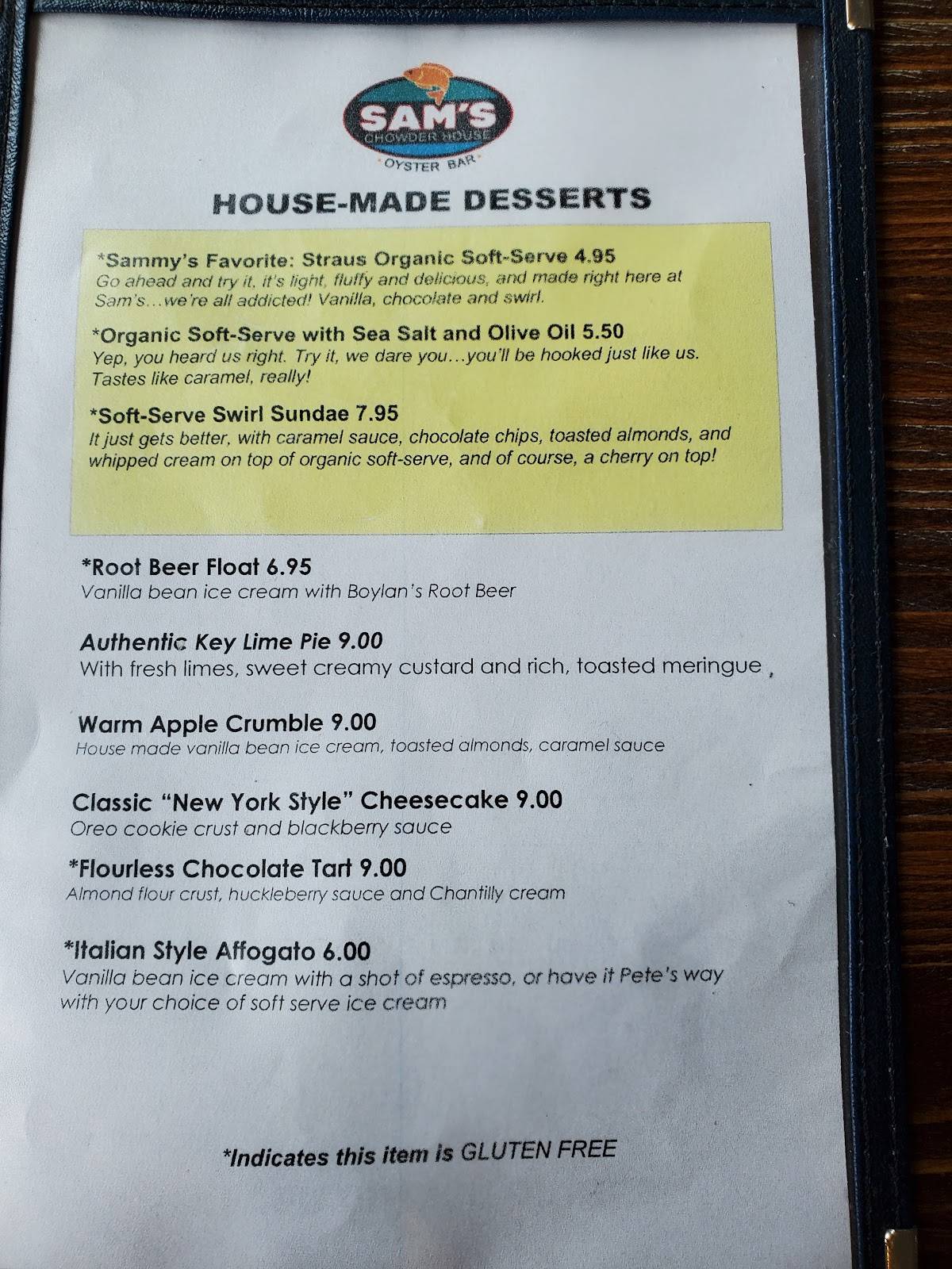 Menu at Sam's Chowder House restaurant, Half Moon Bay
