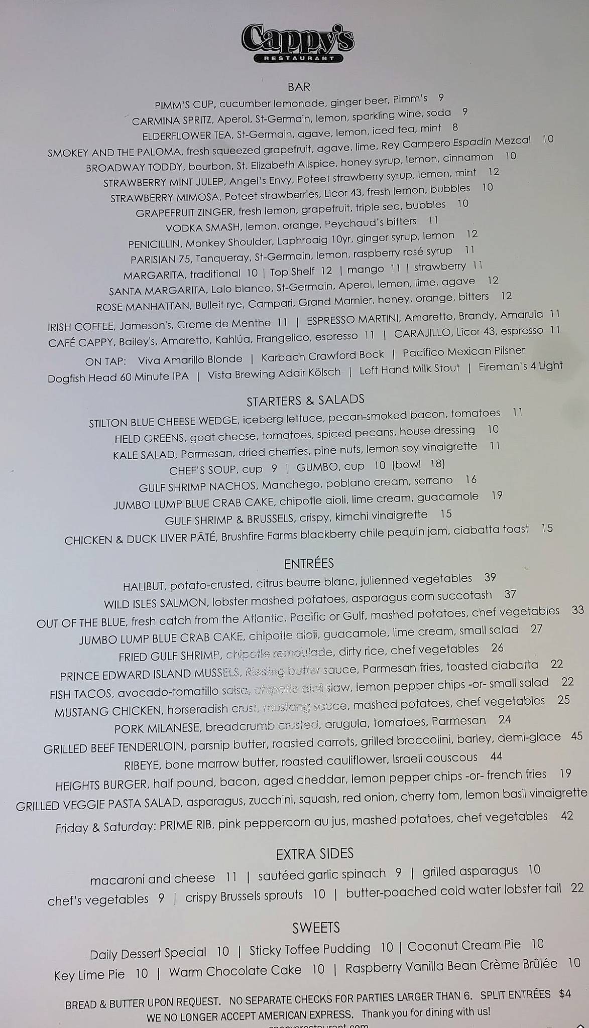 Menu at Cappy's Restaurant, San Antonio
