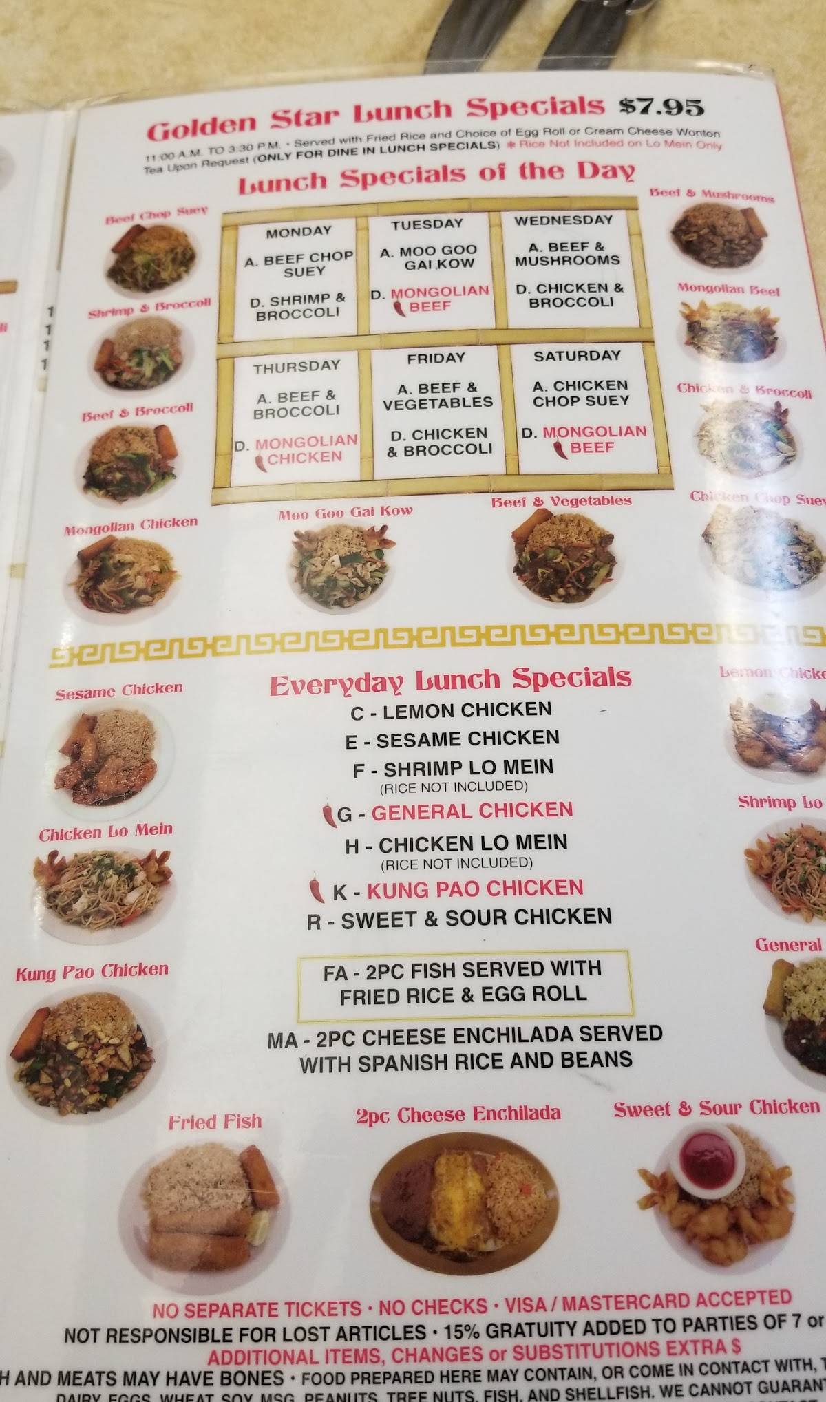Menu at Golden Star Cafe, San Antonio