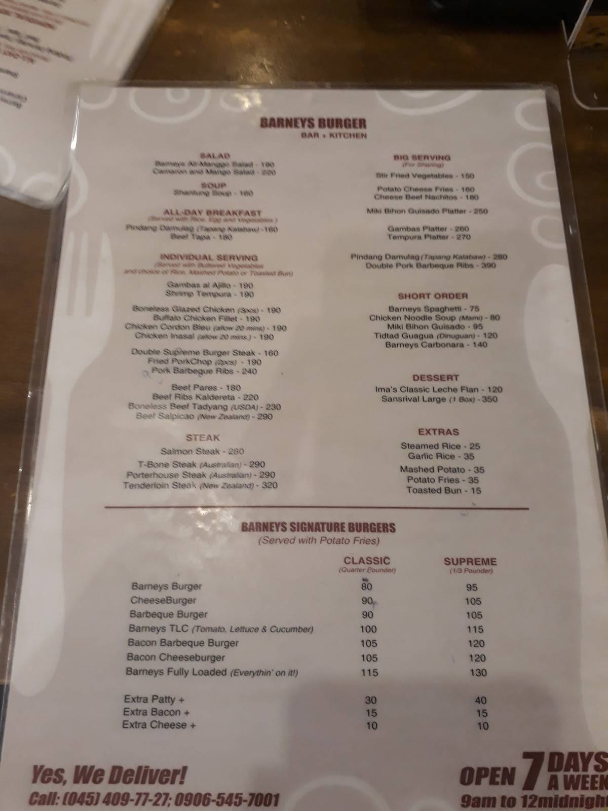 Menu at Barneys Burger Bar + Kitchen, San Fernando, 2MMF+XRC