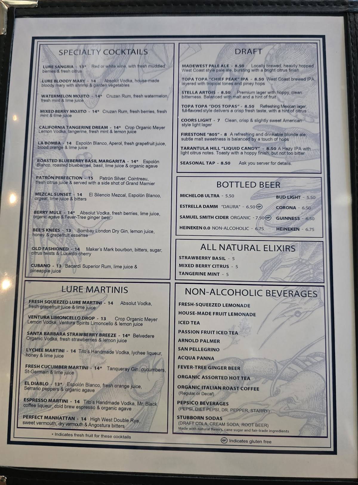 Menu at Lure Fish House restaurant, San Luis Obispo