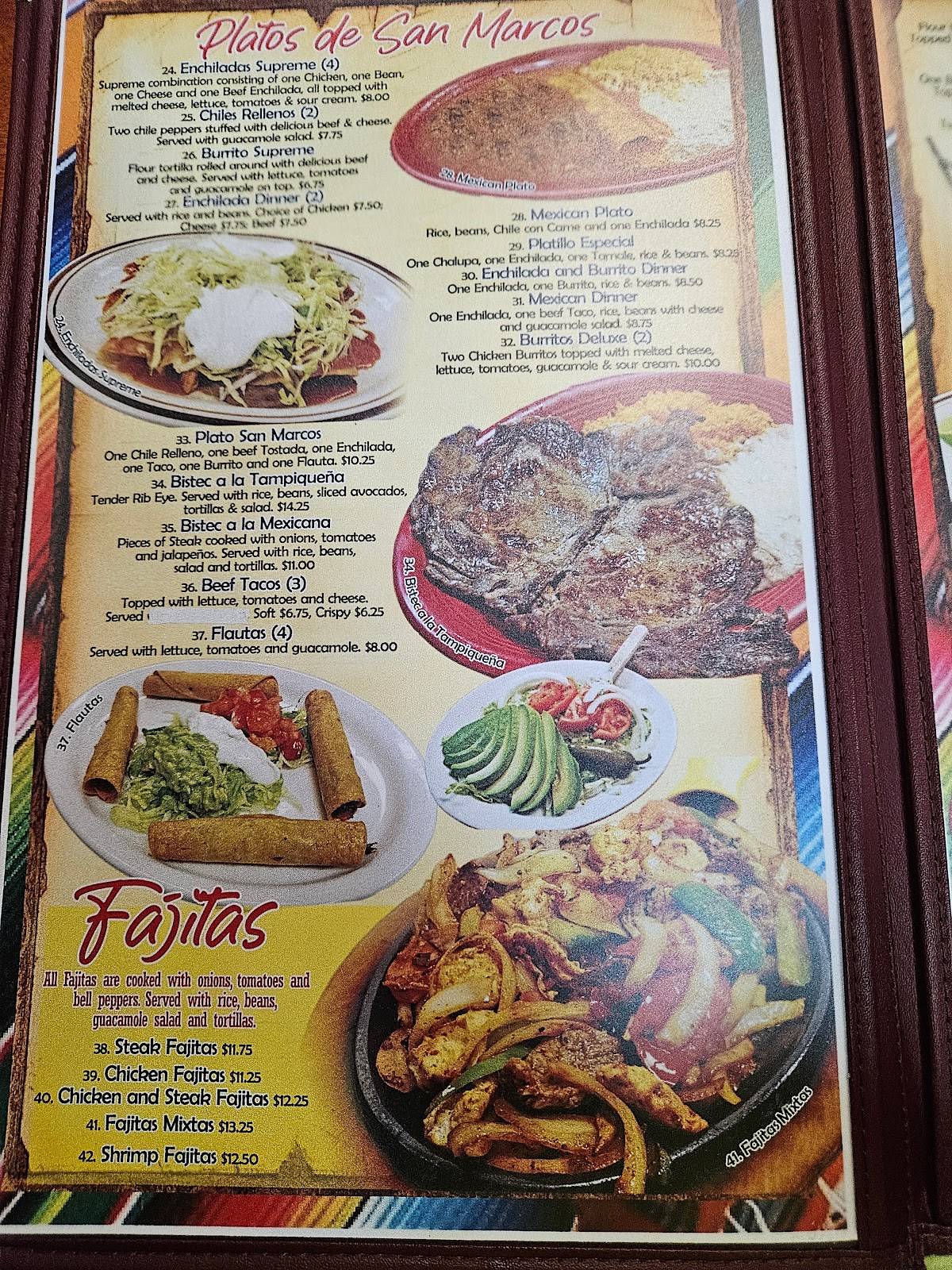 Menu at San Marcos restaurant, Montgomery, 61 N Burbank Dr