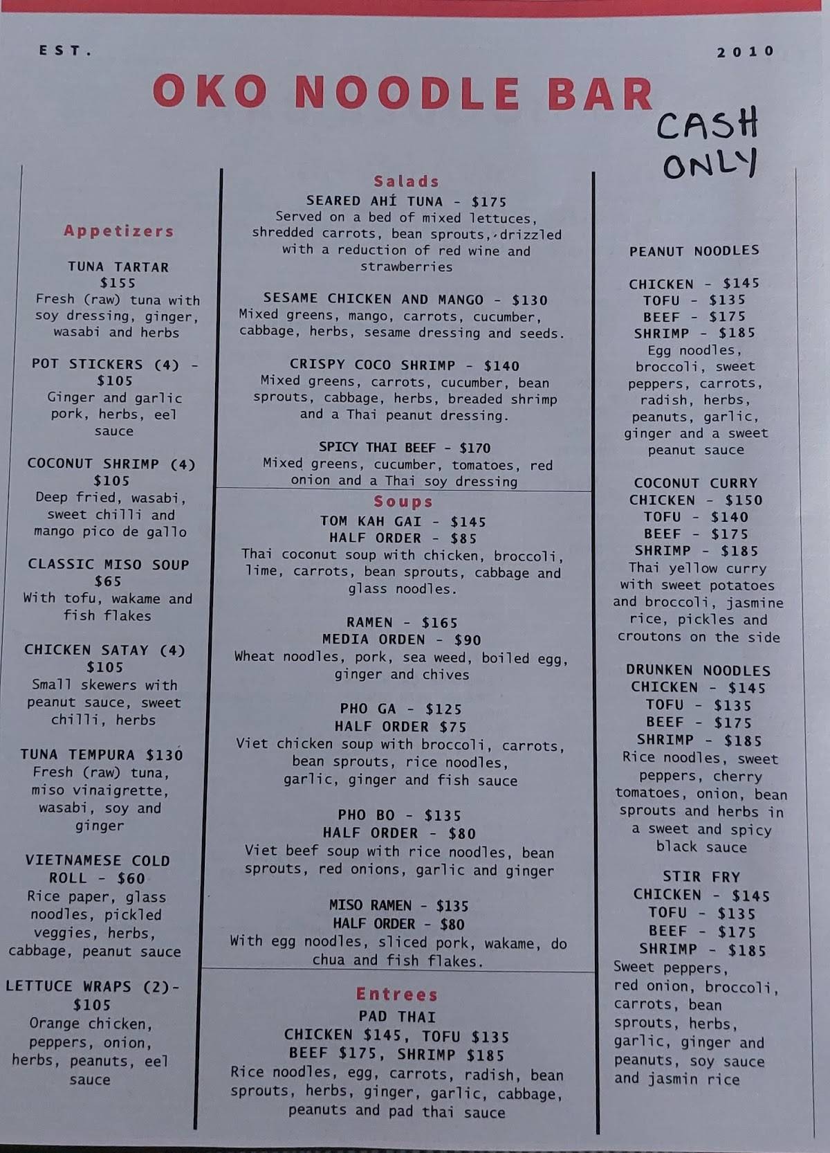Menu at Oko Noodle Bar, San Miguel de Allende