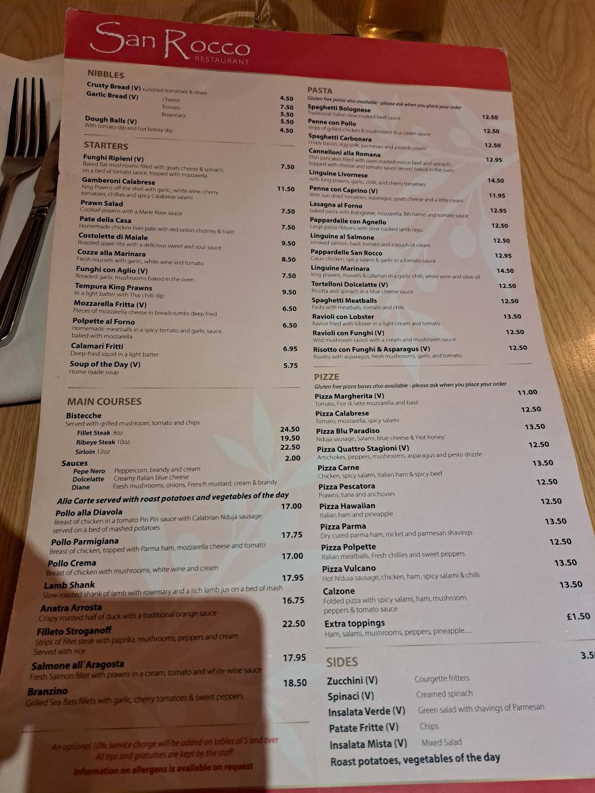 Menu at San Rocco restaurant, Oldham