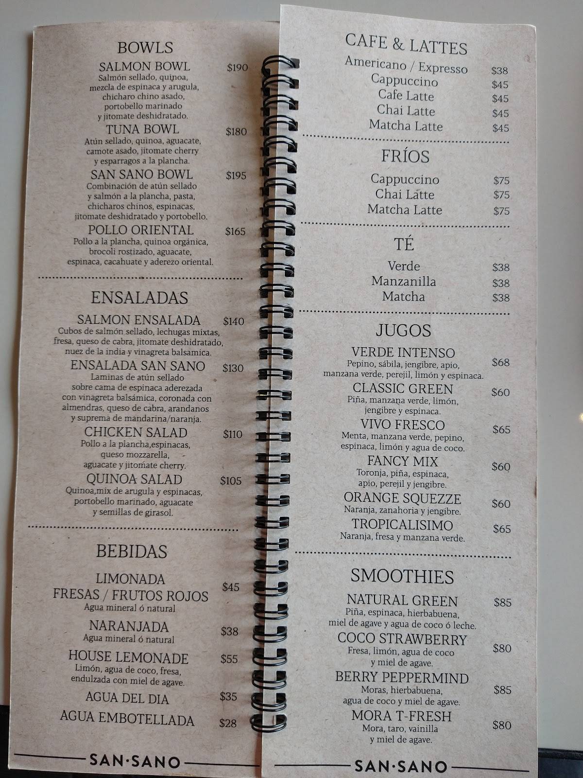 Menu at San Sano restaurant, Zapopan