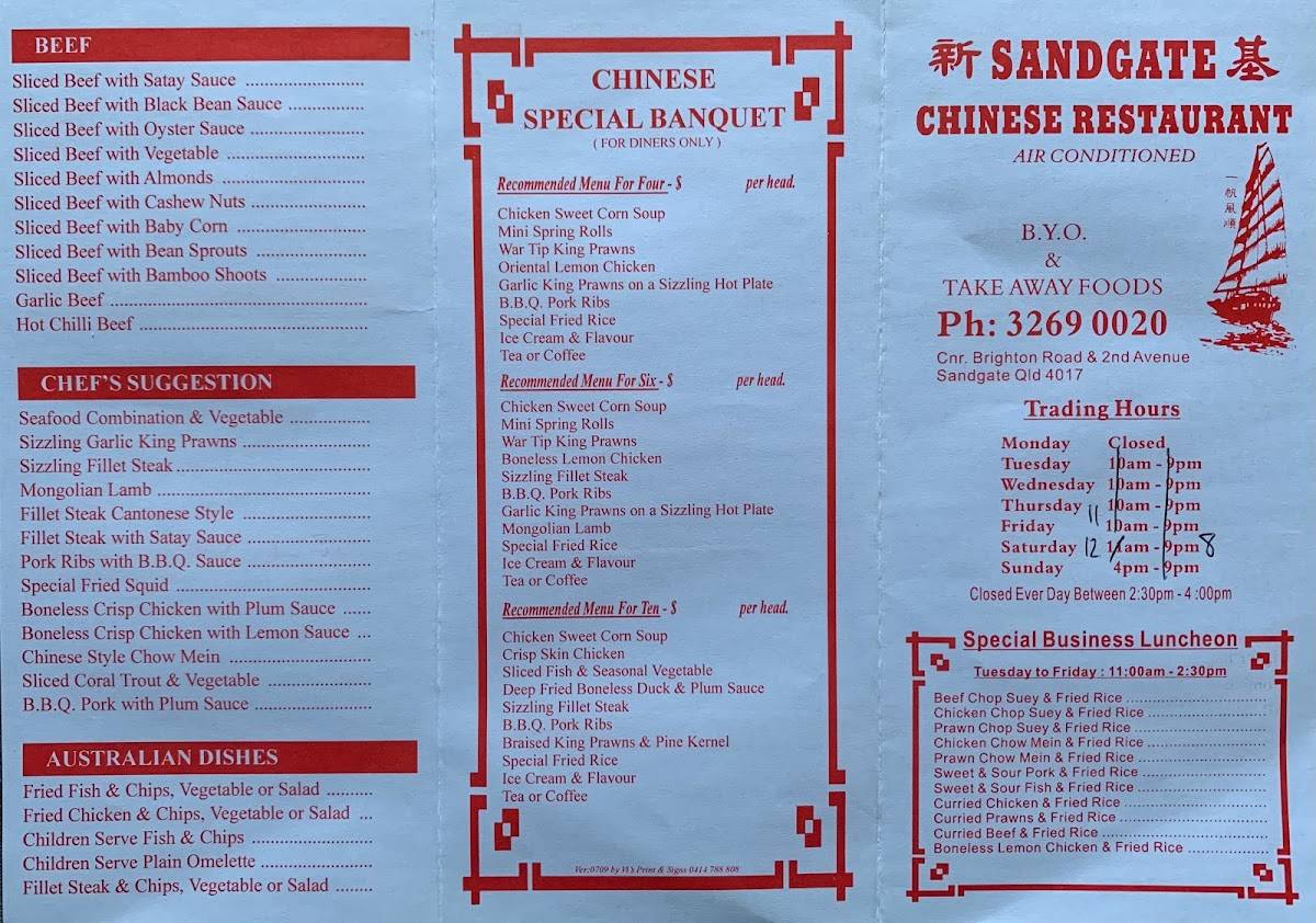 Menu at Sandgate Chinese Restaurant, Sandgate