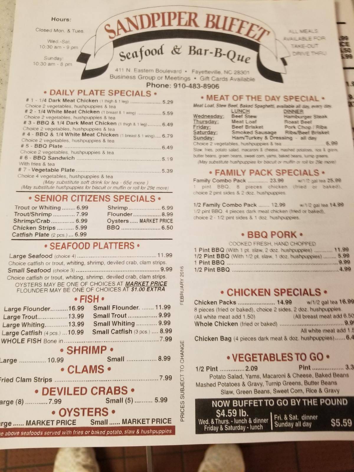 Menu at Sandpiper Buffet restaurant, Fayetteville
