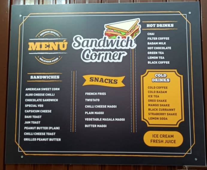 Menu at Sandwich corner, Mysuru