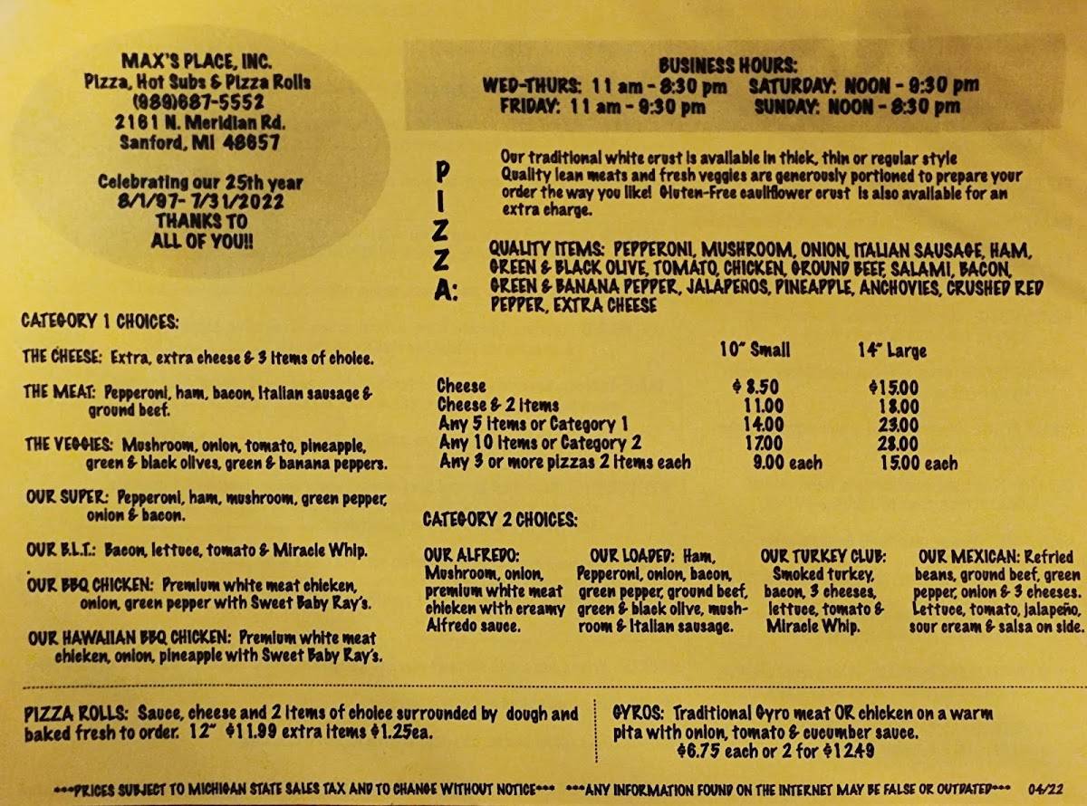 Menu at Max's Place pizzeria, Sanford