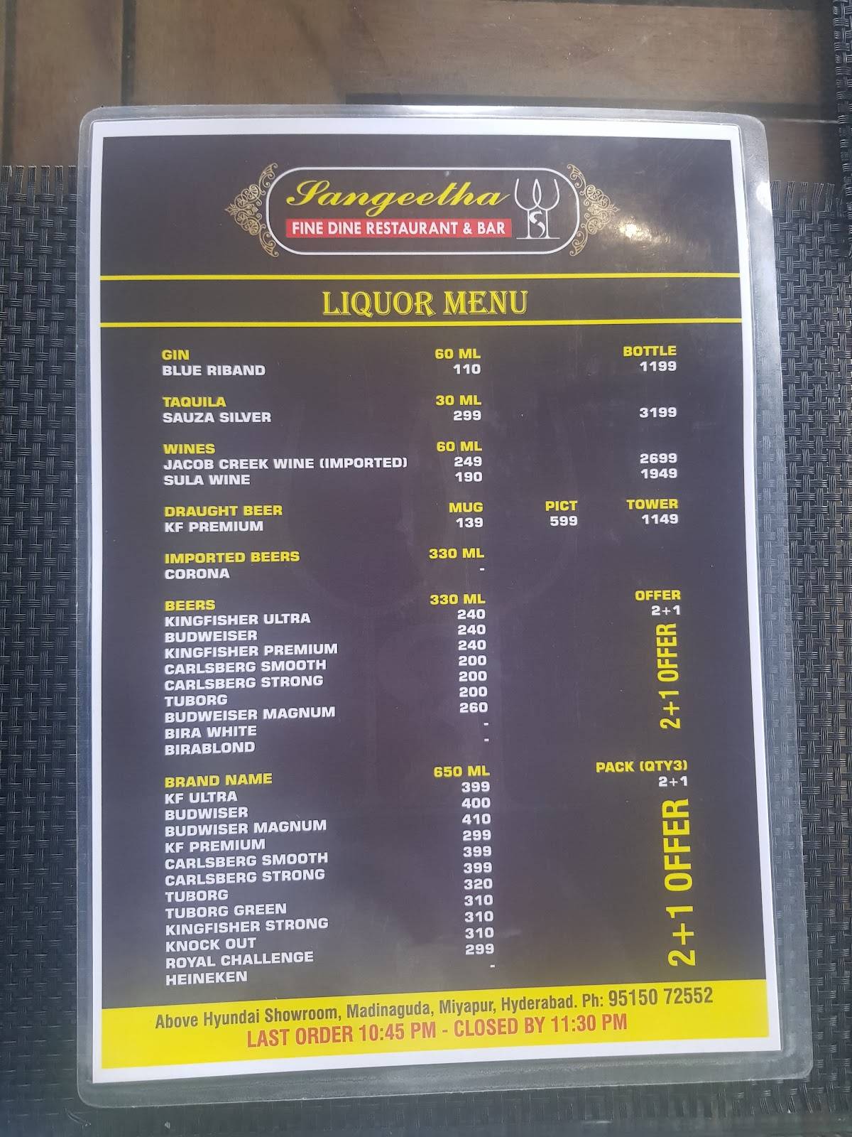 Menu at Sangeetha fine dining restaurant and bar, Hyderabad