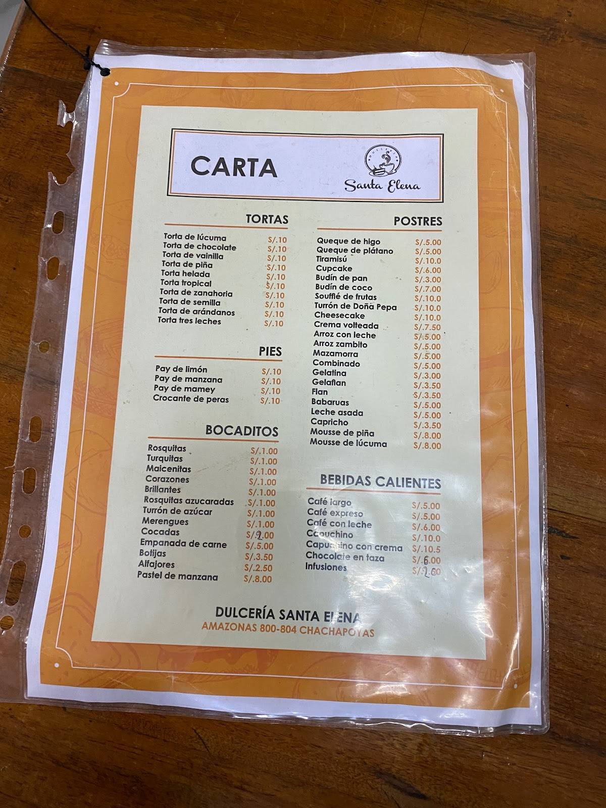 Menu at Santa Elena Dulceria cafe, Chachapoyas