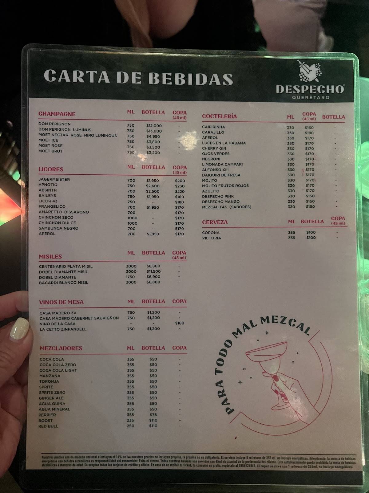 Menu at Despecho Querétaro restaurant, Santiago de Querétaro