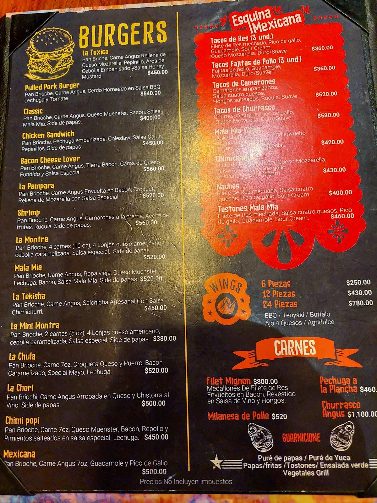 Carta de Mala Mía Urban Kitchen & Bar, Santo Domingo