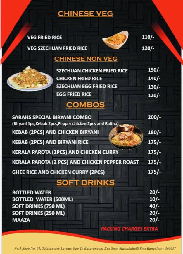 Menu at Sarah’s Delicacy, Bengaluru