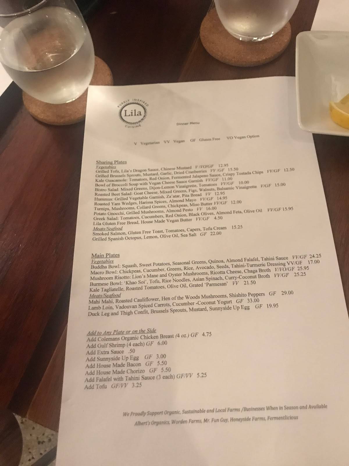 Menu at Lila restaurant, Sarasota