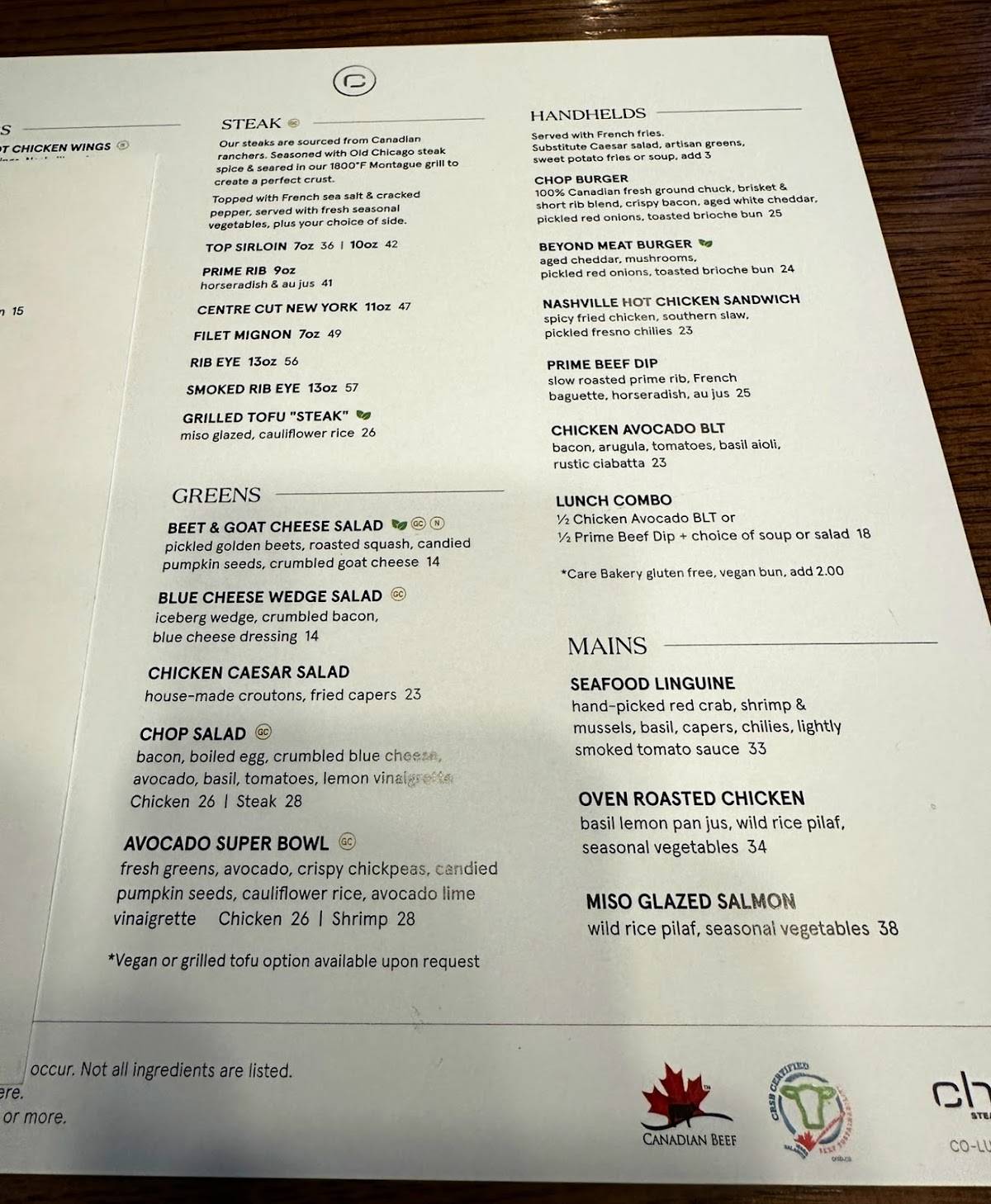 Menu at Chop Steakhouse & Bar, Saskatoon