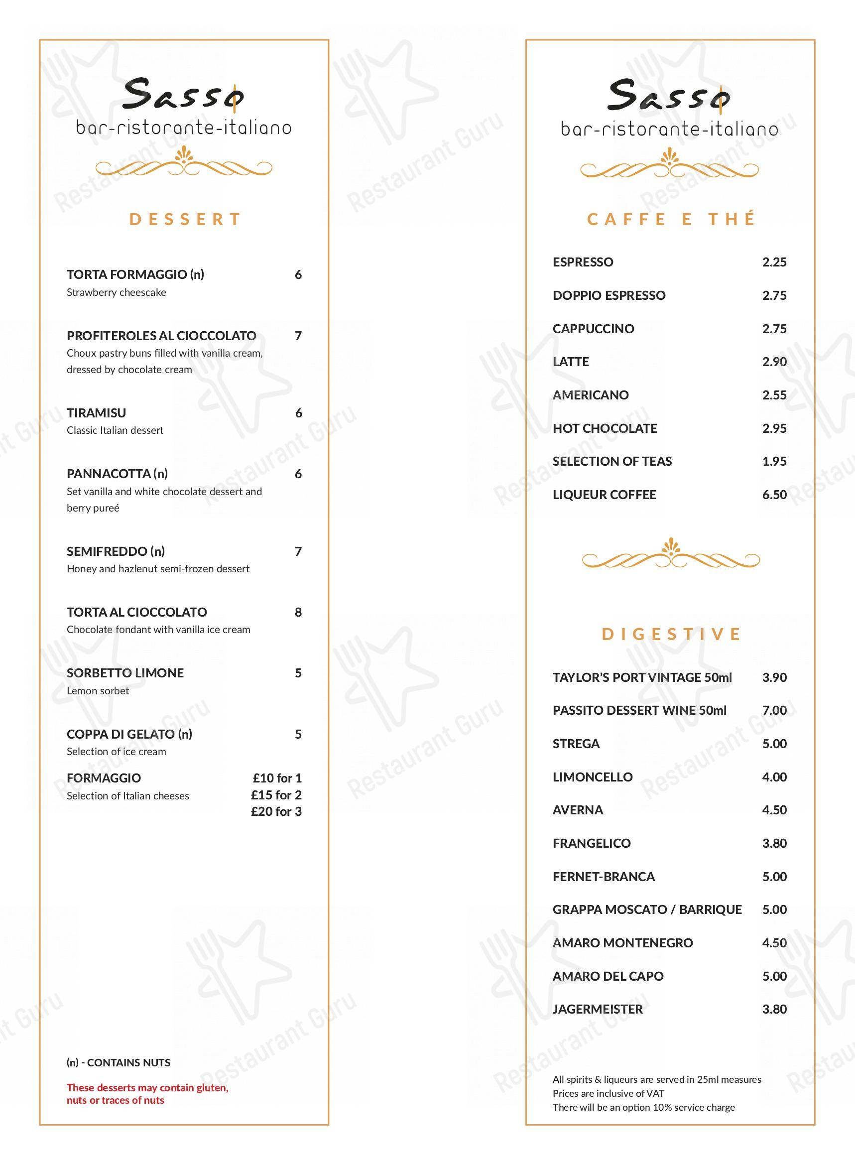 Menu at Sasso restaurant, Disley