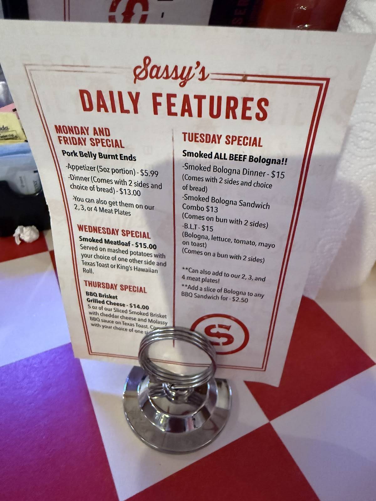 Menu at Sassy's Red House BBQ, Fayetteville