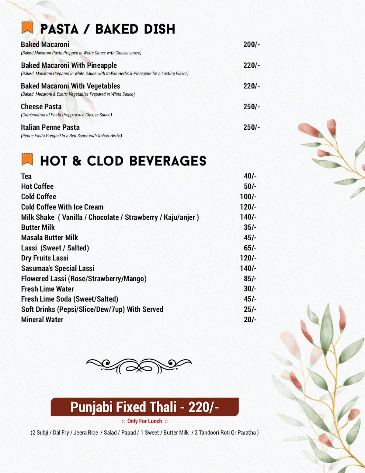 Menu at Sasumaa's Multicuisine & Gujarati Thali, Vadodara