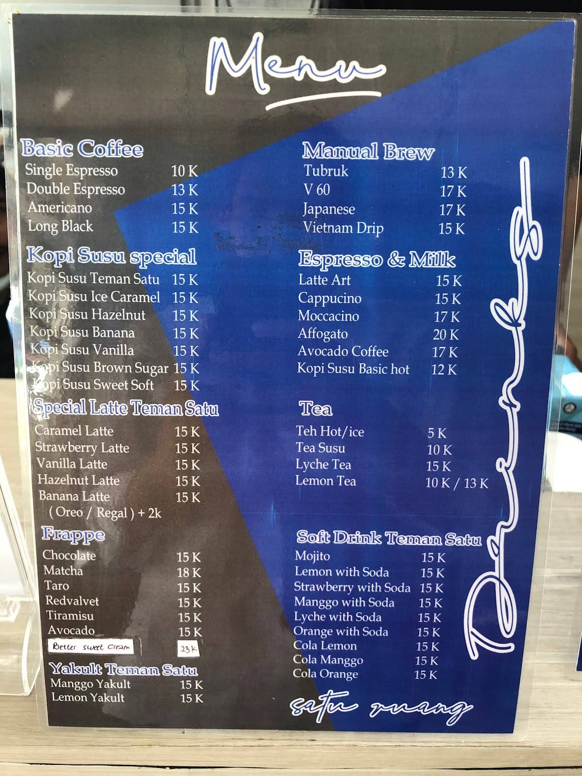 Menu at Satu ruang cafe, Tanjung Pandan