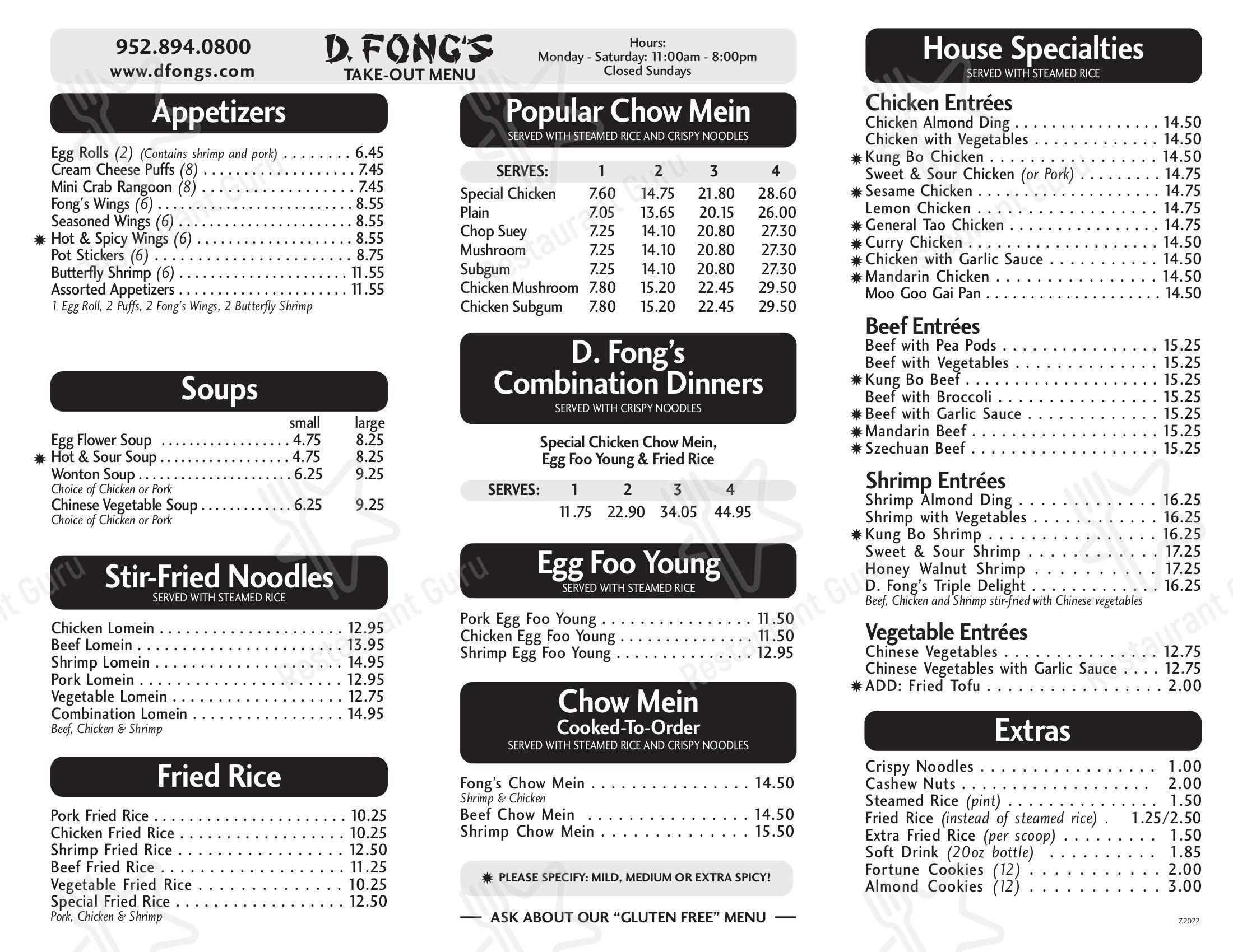 Menu at D. Fong's Chinese Cuisine David Fong's Savage restaurant, Savage