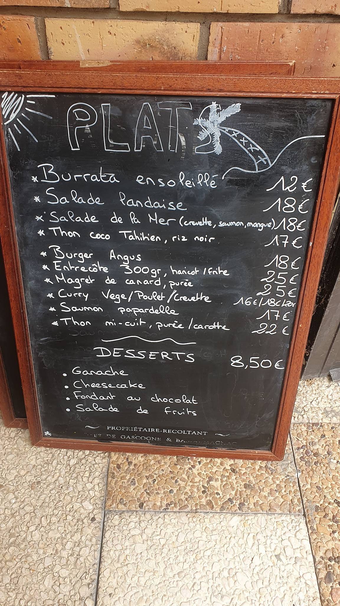 Menu au Savannah restaurant, Lège-Cap-Ferret