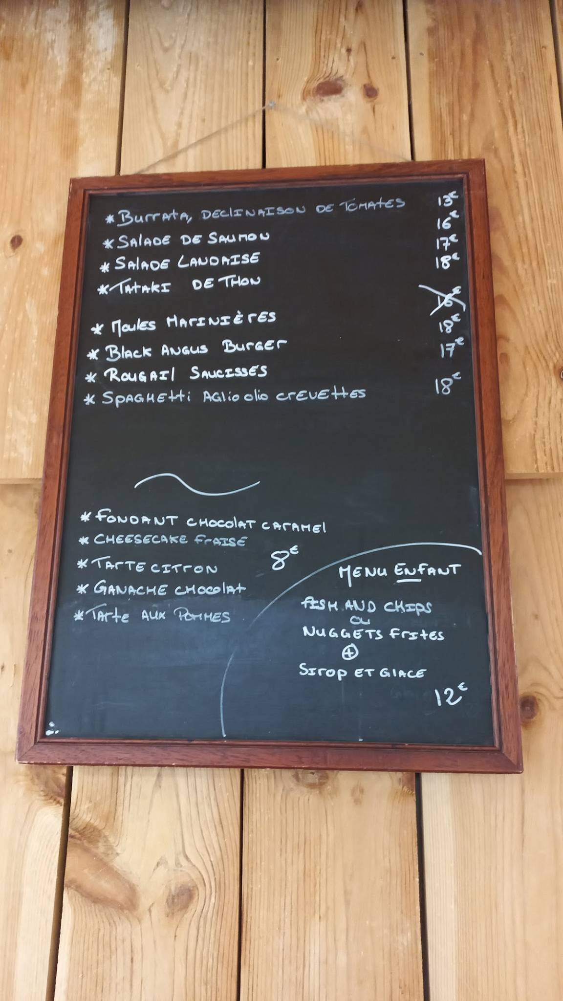 Menu at Savannah restaurant, Lège-Cap-Ferret