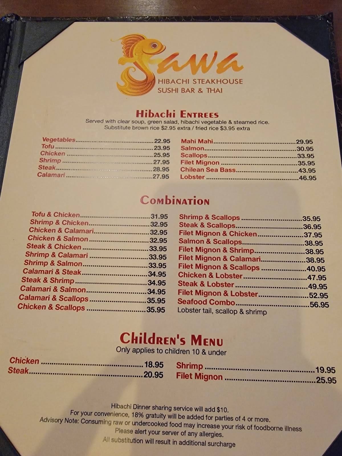 Menu at Sawa Hibachi Steakhouse & Sushi Bar, Boynton Beach