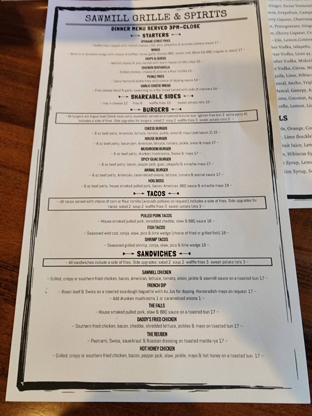 Menu at Sawmill Grille & Spirits pub & bar, Post Falls