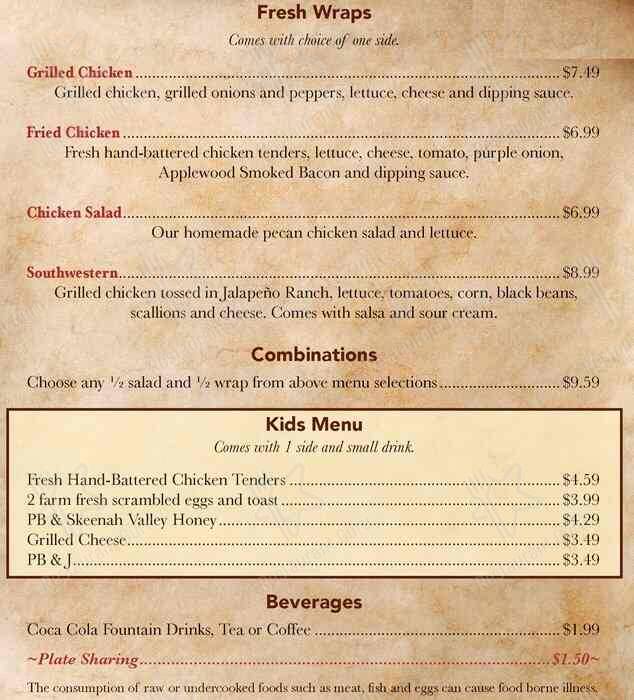 Menu at The Sawmill Place restaurant, Blairsville