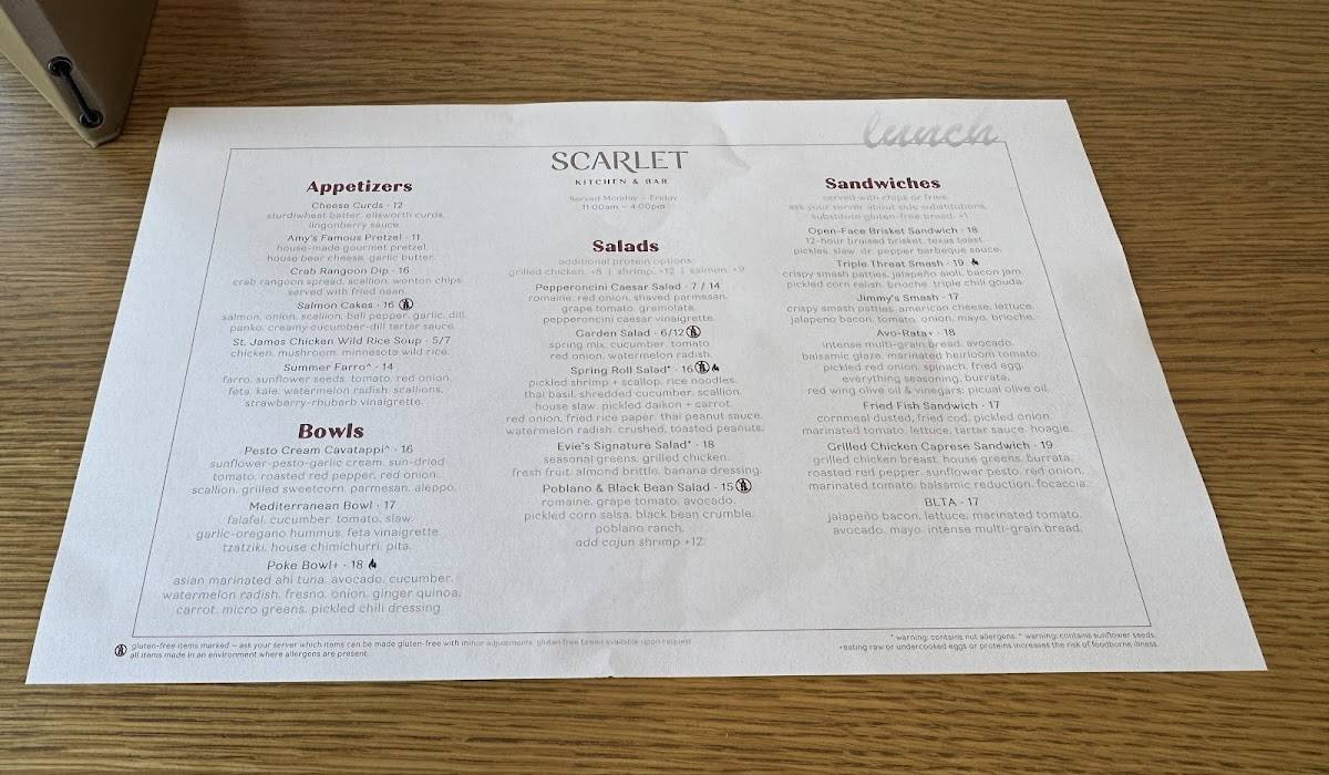 Menu at Scarlet Kitchen & Bar, Red Wing, 406 Main St