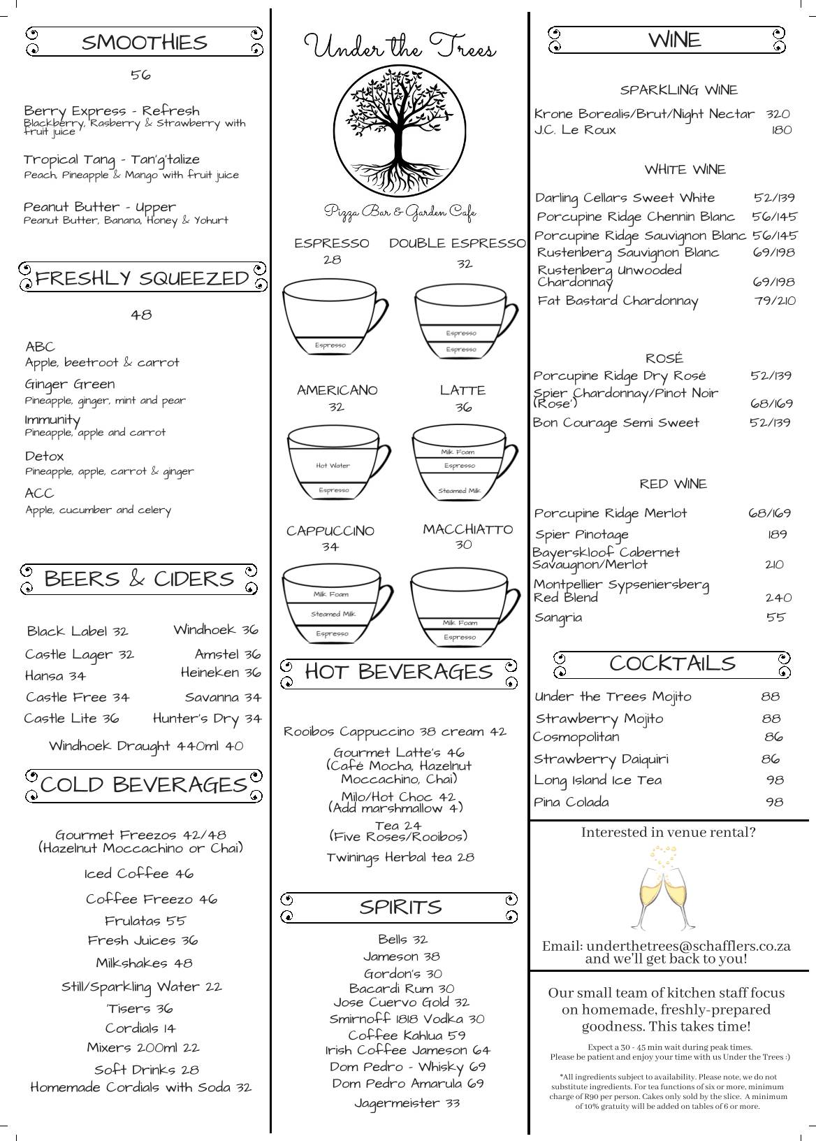 Menu at Schäffler's Nursery & Under the Trees restaurant, Johannesburg