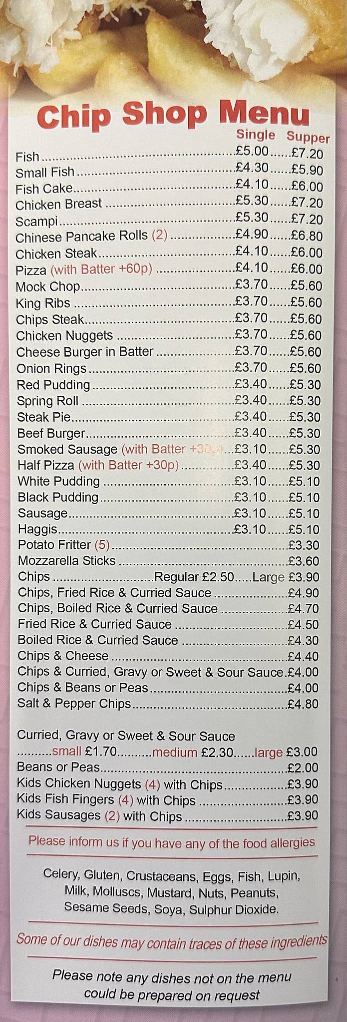 Menu at Scone Fish & Chip Shop restaurant, Perth