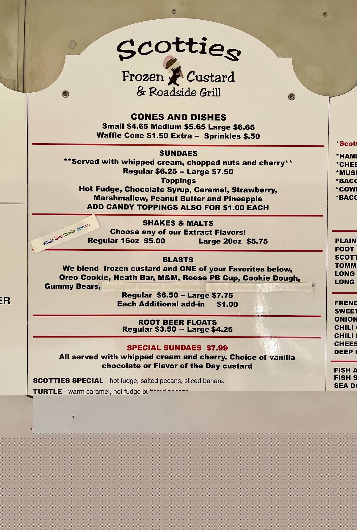 Menu at Scotties Frozen Custard restaurant, Colchester