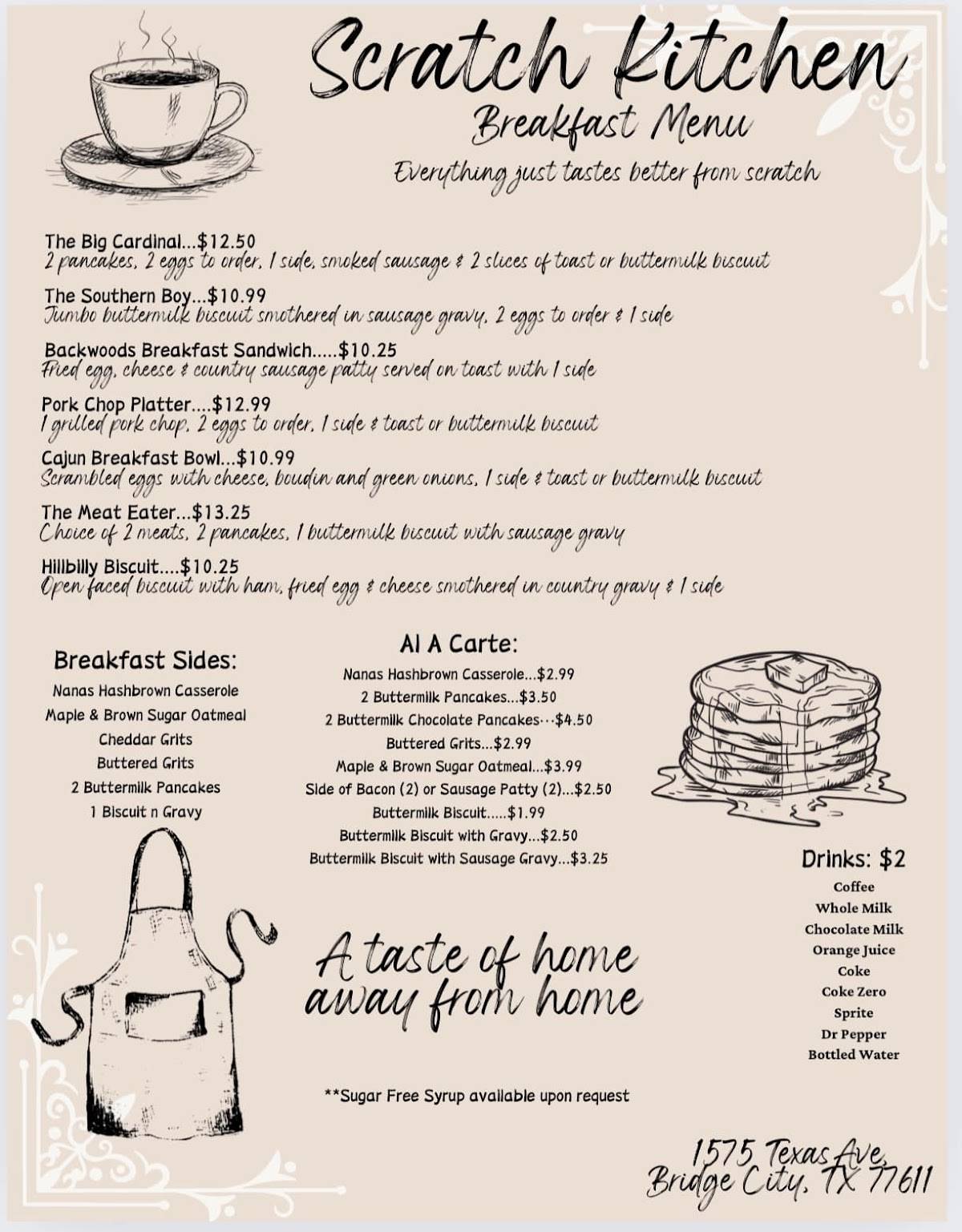 Menu at Scratch Kitchen restaurant, Bridge City