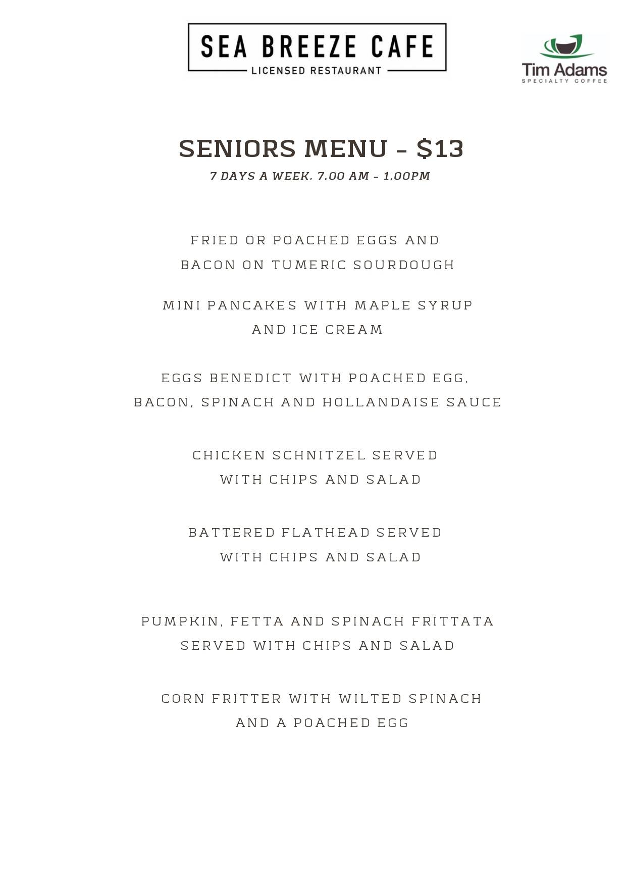 Menu at Sea Breeze Cafe Hervey Bay, Scarness