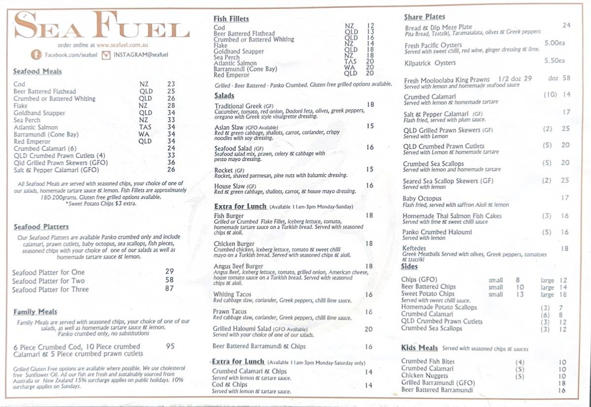 Menu at Sea Fuel West End restaurant, West End, 57 Vulture St