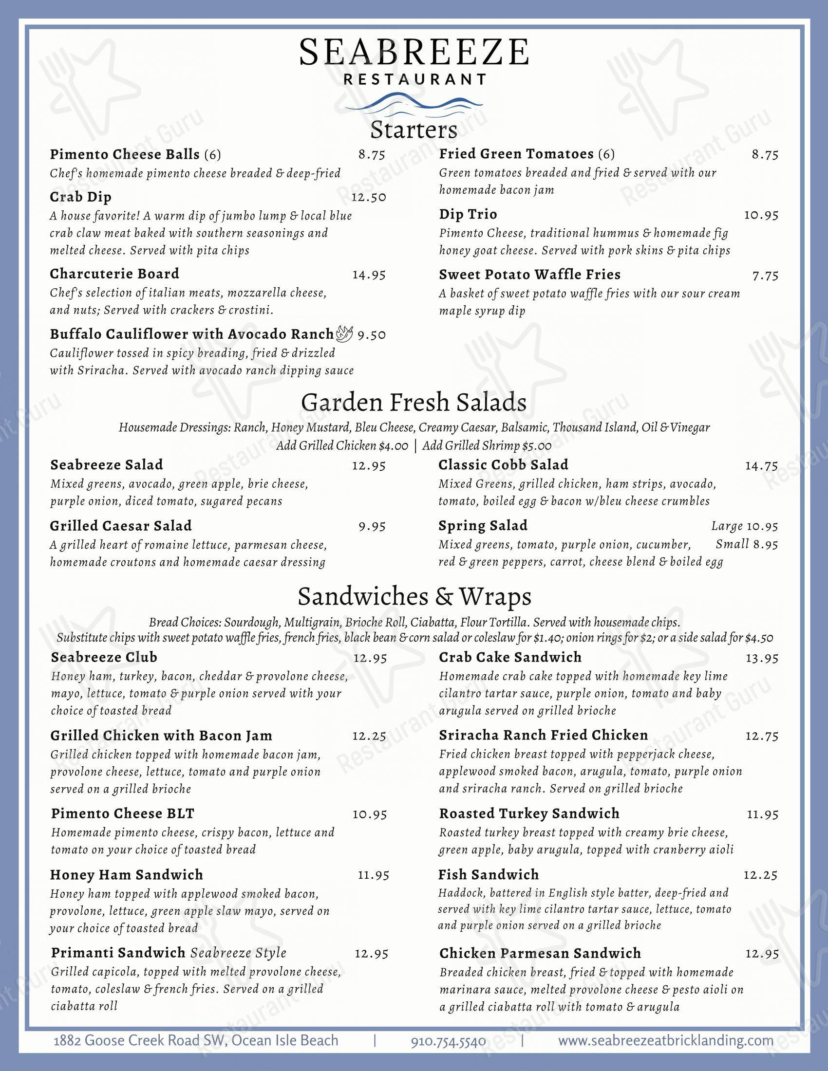 Menu at Seabreeze Bar & Restaurant, Ocean Isle Beach, Goose Creek Rd SW