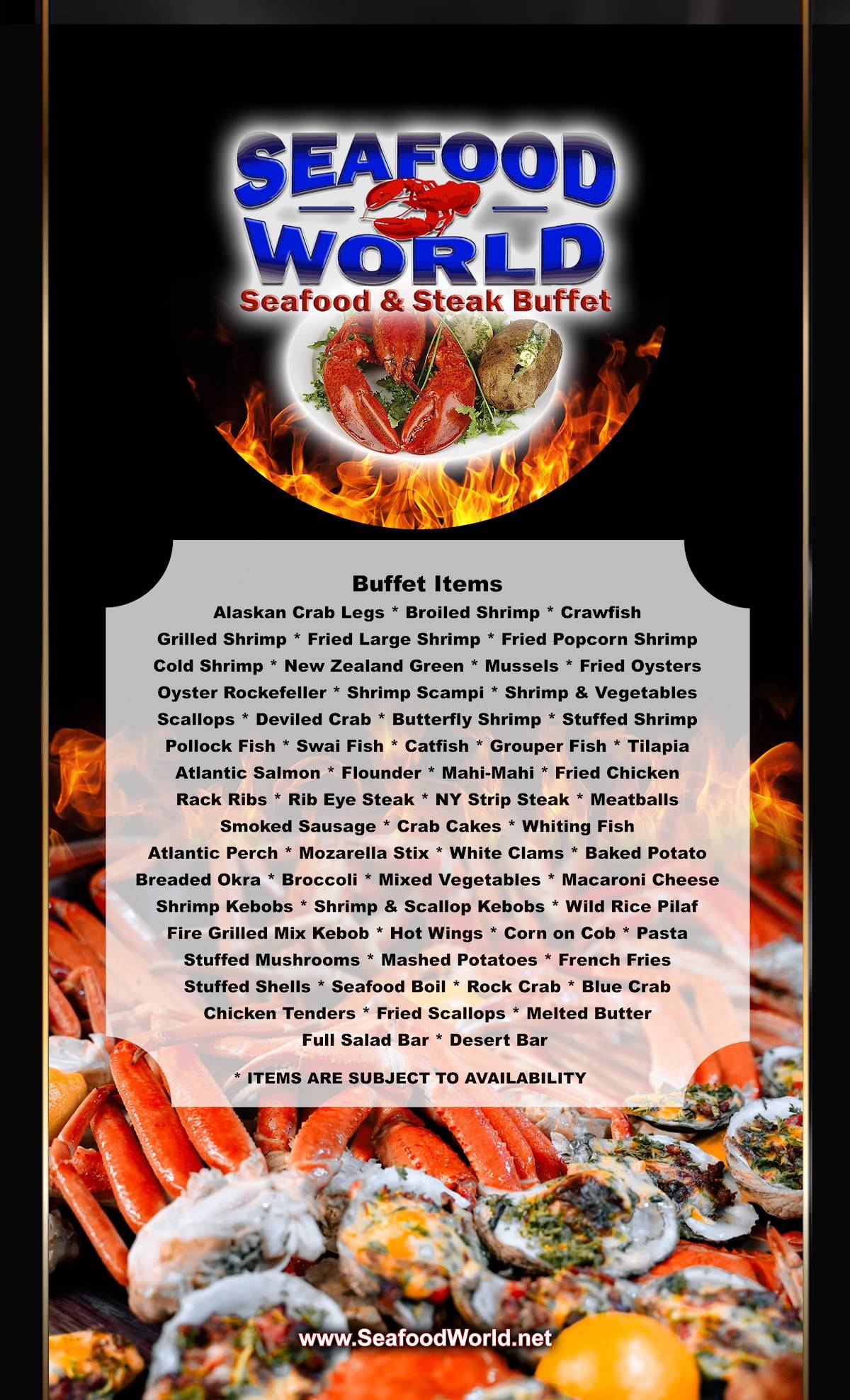 Menu at Seafood World Calabash Seafood And Steak Buffet steakhouse ...