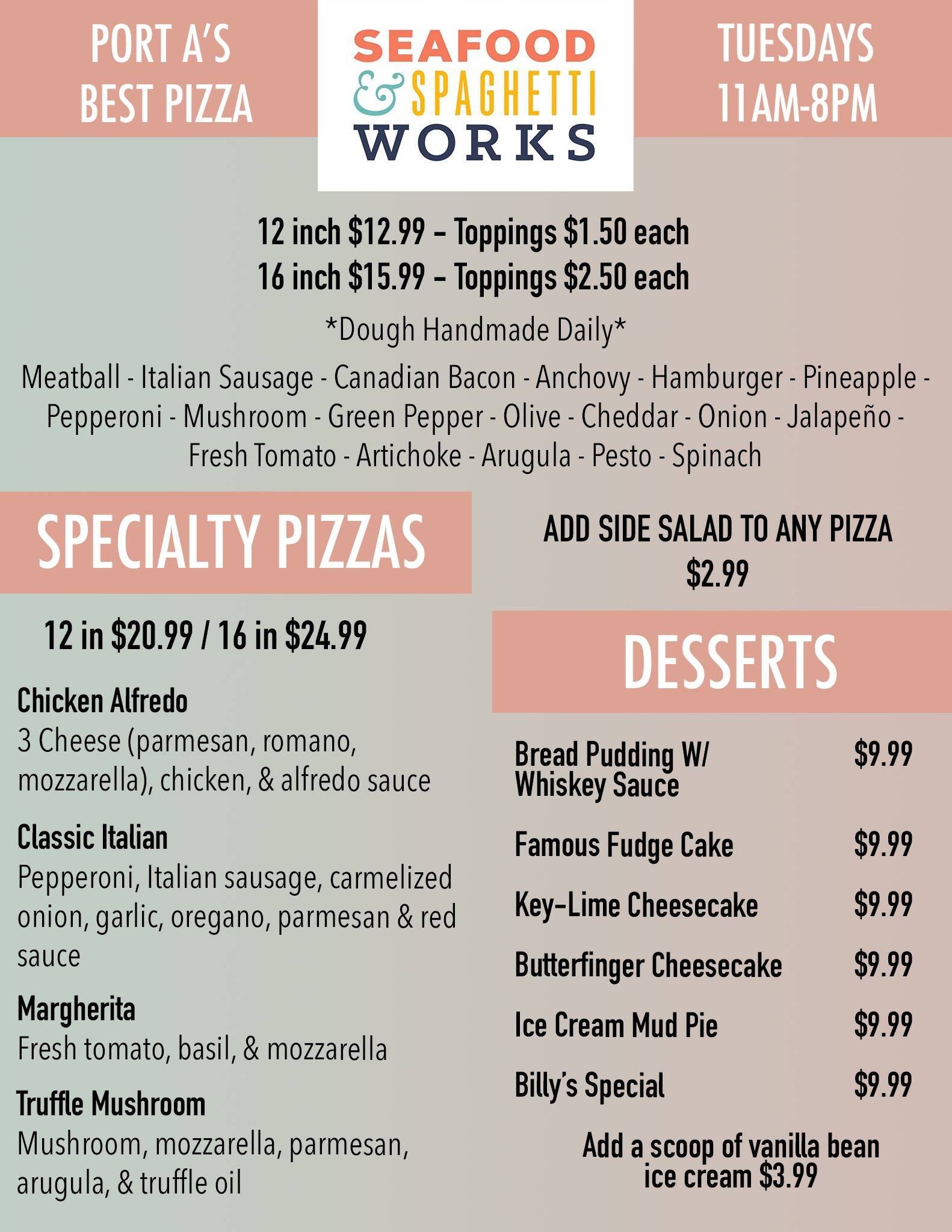 Menu at Seafood & Spaghetti Works restaurant, Port Aransas
