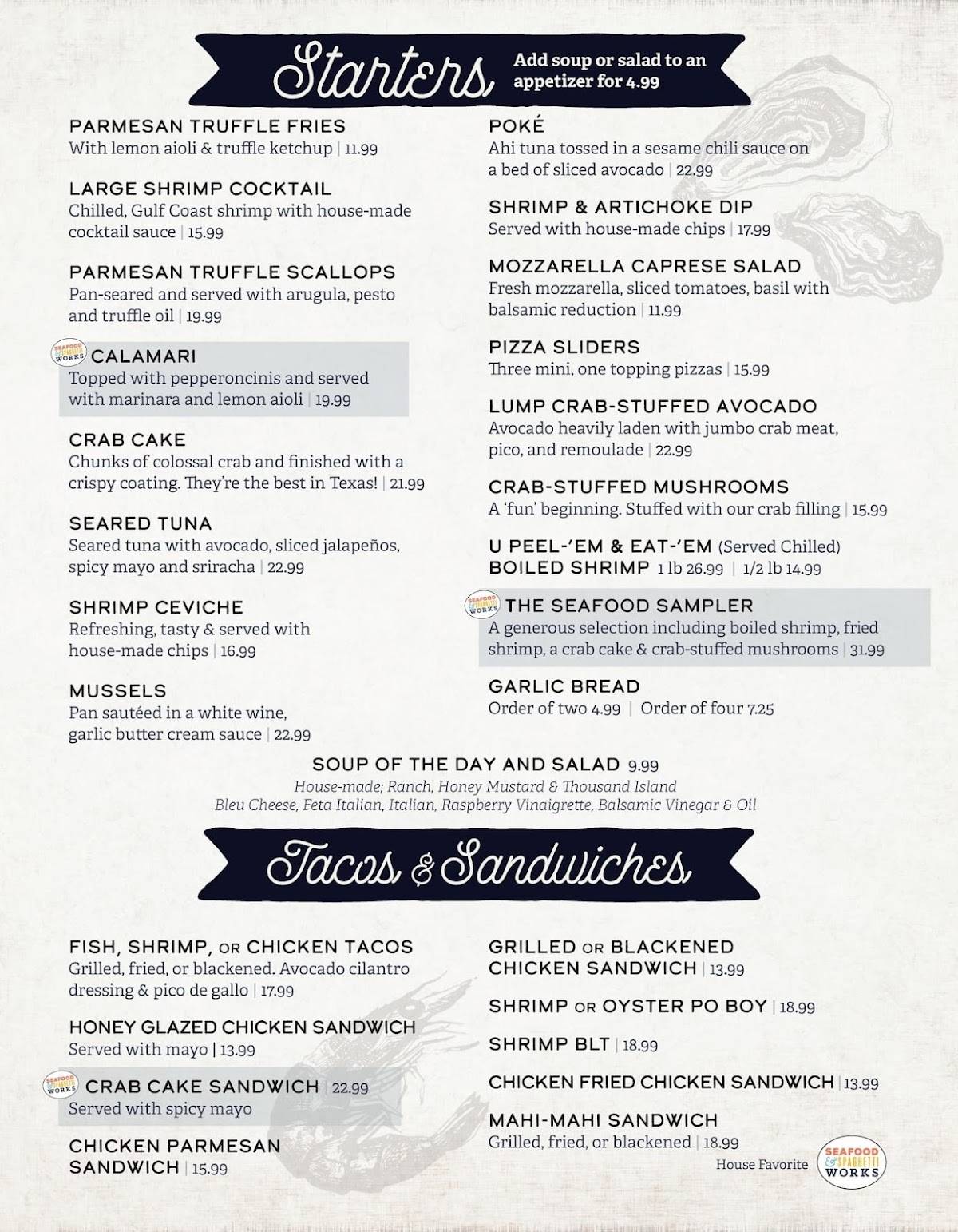 Menu at Seafood & Spaghetti Works restaurant, Port Aransas