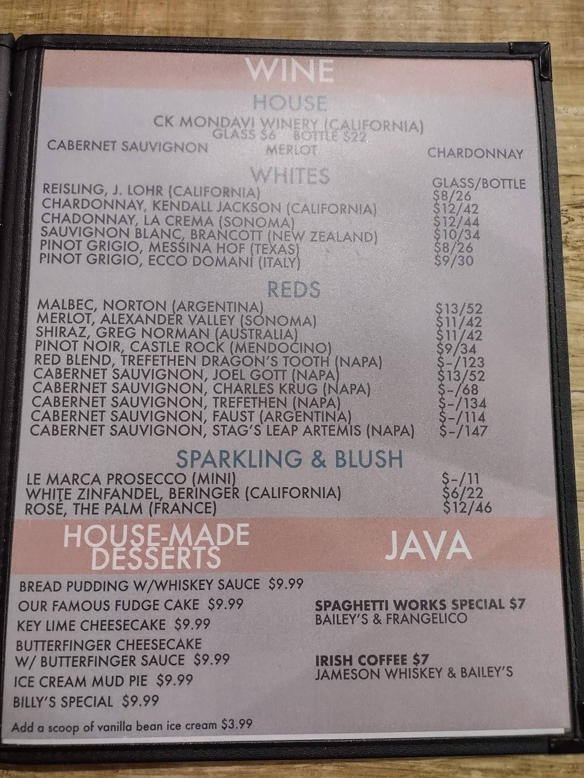 Menu at Seafood & Spaghetti Works restaurant, Port Aransas
