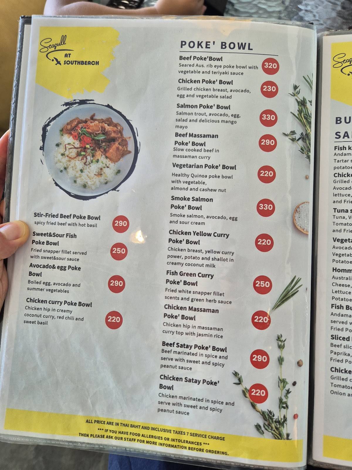 Menu at Seagull at Southbeach restaurant, Kathu
