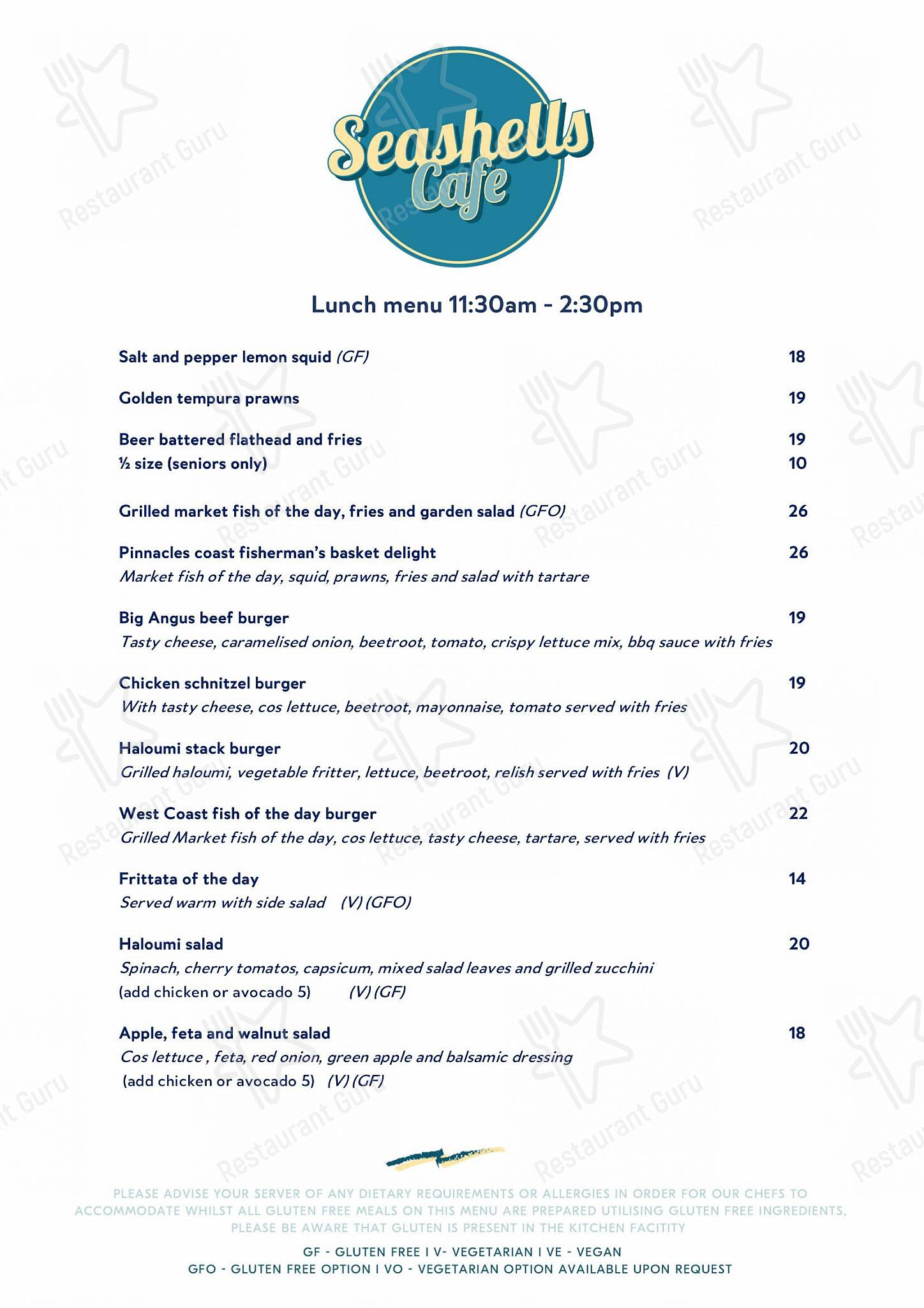 Menu at Seashells Cafe, Cervantes
