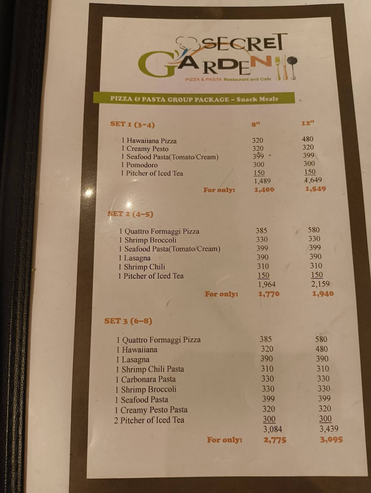 Menu at Secret Garden restaurant, Baguio